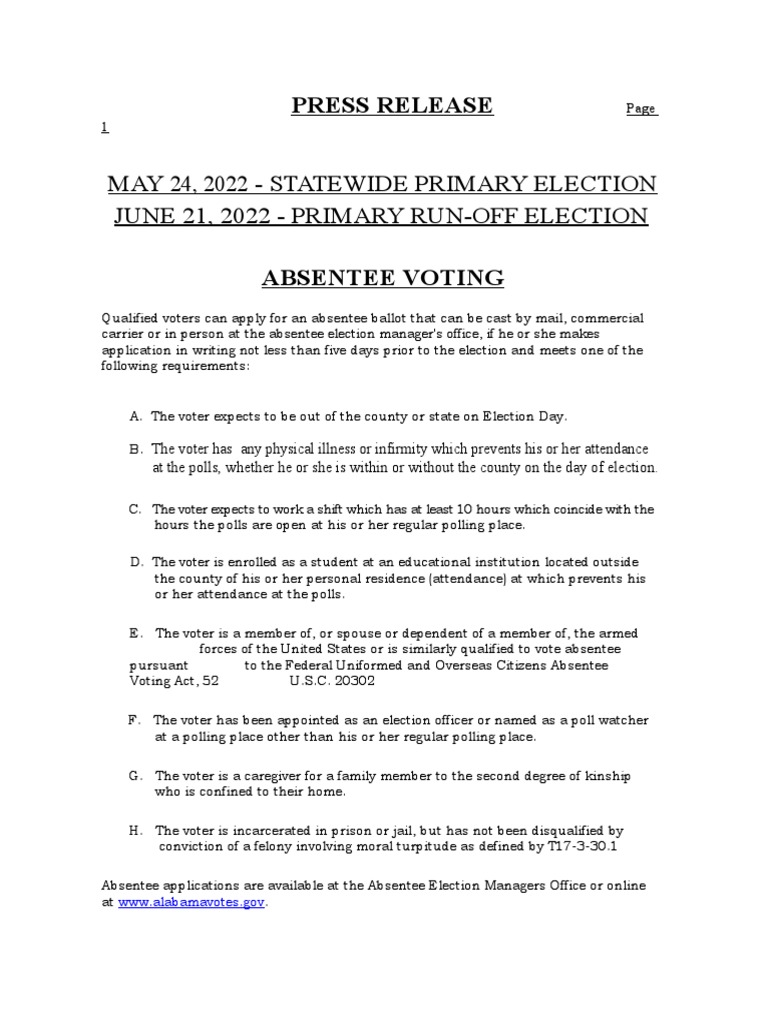 Absentee Voting Requirements For May 24, 2022 Primary and Runoff ...