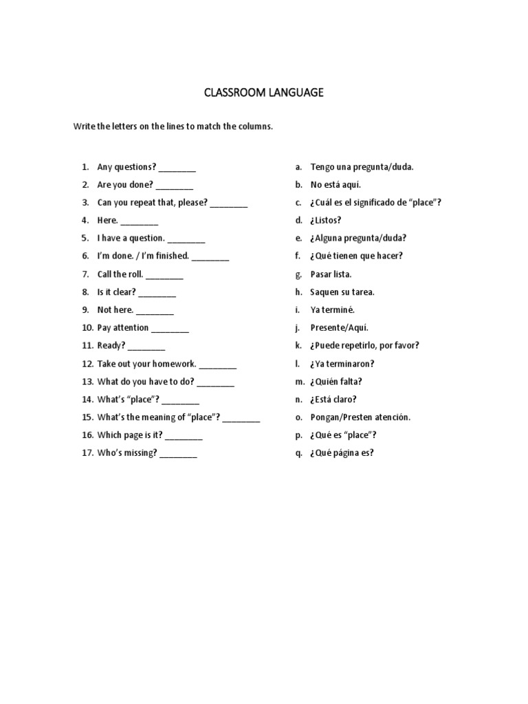 Classroom Language Matching Exercise | PDF