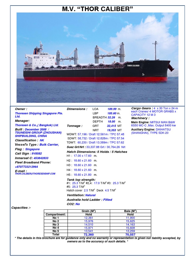 M.V. "Thor Caliber": Bulk Carrier | Download Free PDF | Tonnage | Shipping
