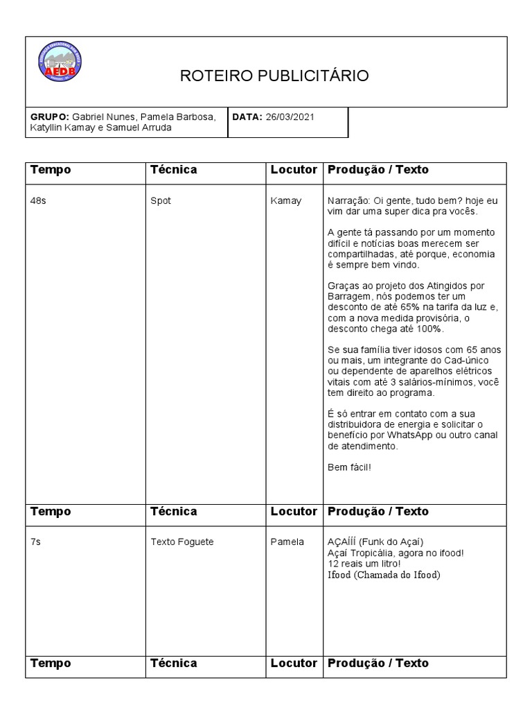 Modelo Roteiro | PDF