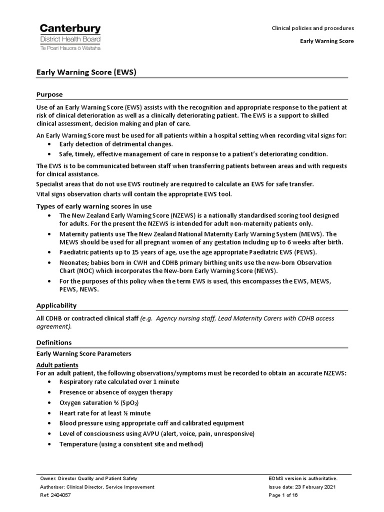 Early Warning Score (EWS) clinical policies | PDF | Patient | Patient ...