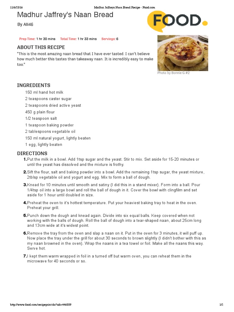 Madhur Jaffreys Naan Bread Recipe | Download Free PDF | Dough | Breads