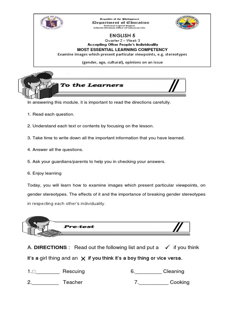 English 5 Q2 Week 3 | PDF | Gender Studies | Gender
