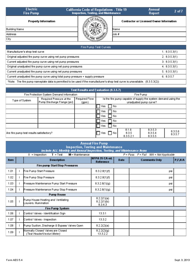 NFPA 25 Form AES 5.4 ITM Electric Fire Pump Annual 2013 - 2 of 7 | PDF ...