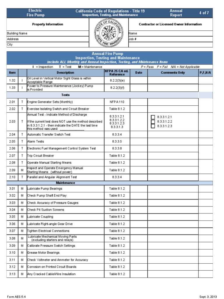 NFPA 25 Fire Pump Inspection Checklist | PDF | Pump | Switch