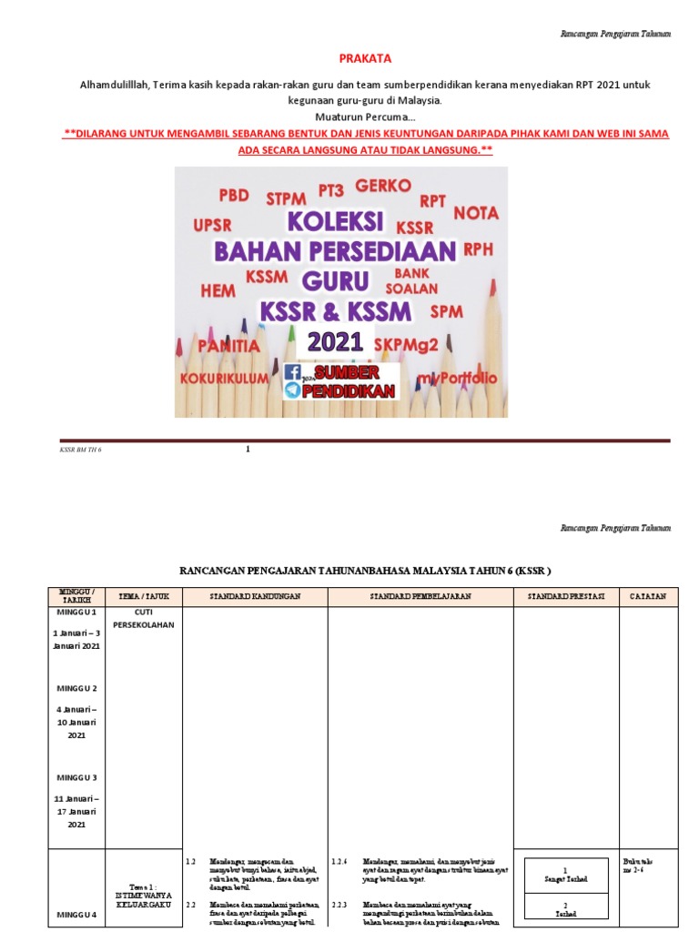 RPT 2021 Bahasa Melayu Tahun 6 KSSR Sumberpendidikan | PDF