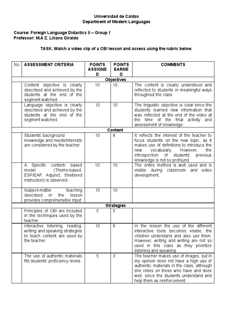 Rubrics - CBI Lesson Observation | PDF | Teachers | Behavior Modification