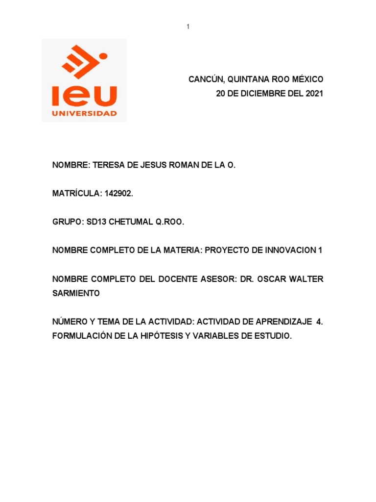 Actividad de Aprendizaje 4. Formulación de La Hipótesis y Variables de ...