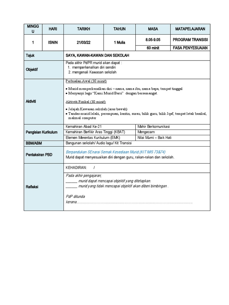 RPH Transisi Fasa Penyesuaian | PDF