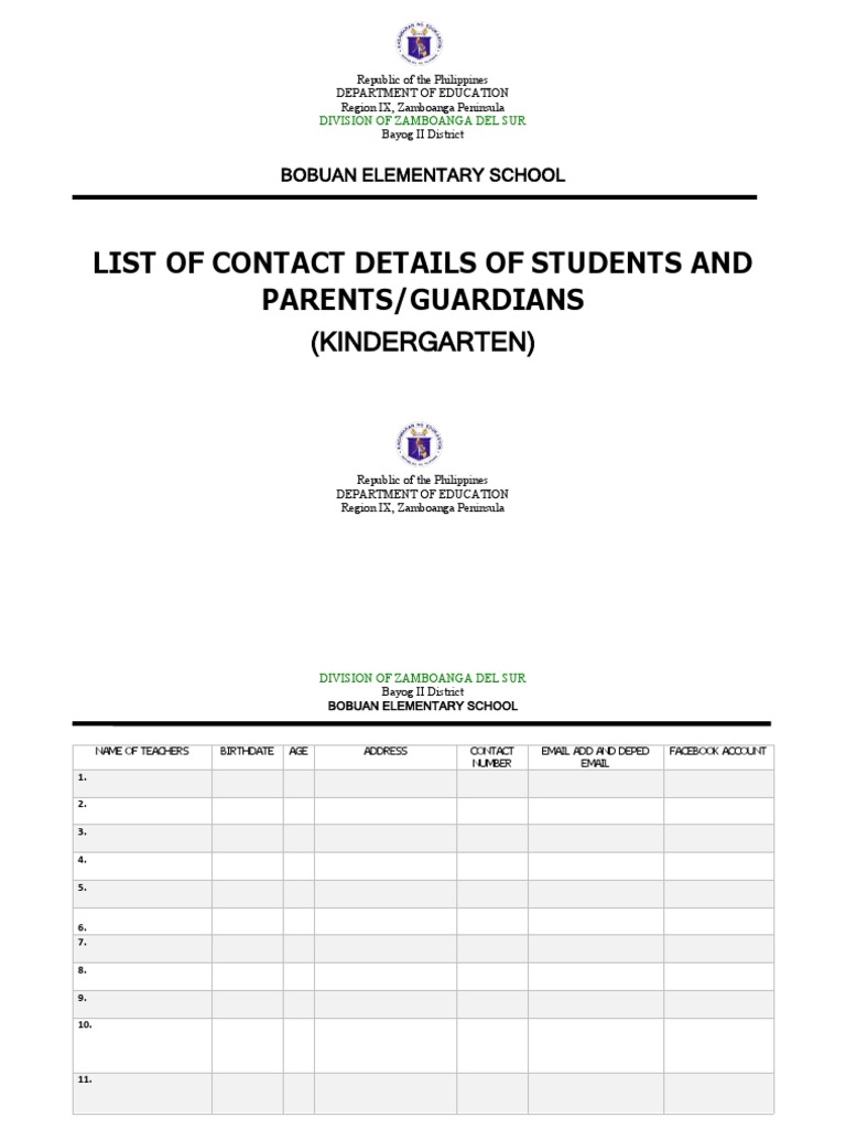 List of Contact Details of Students and Parents/Guardians ...