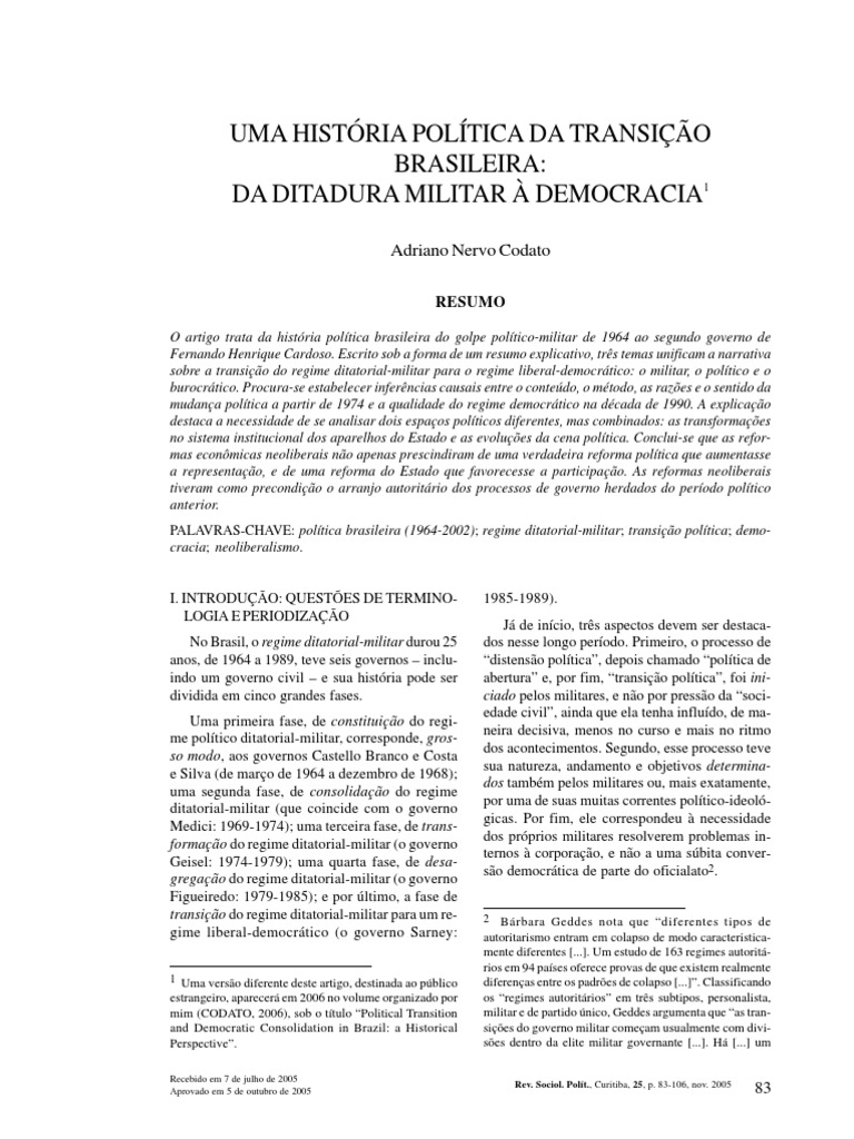 Codato - UMA HISTÓRIA POLÍTICA DA TRANSIÇÃO BRASILEIRA DA DITADURA ...