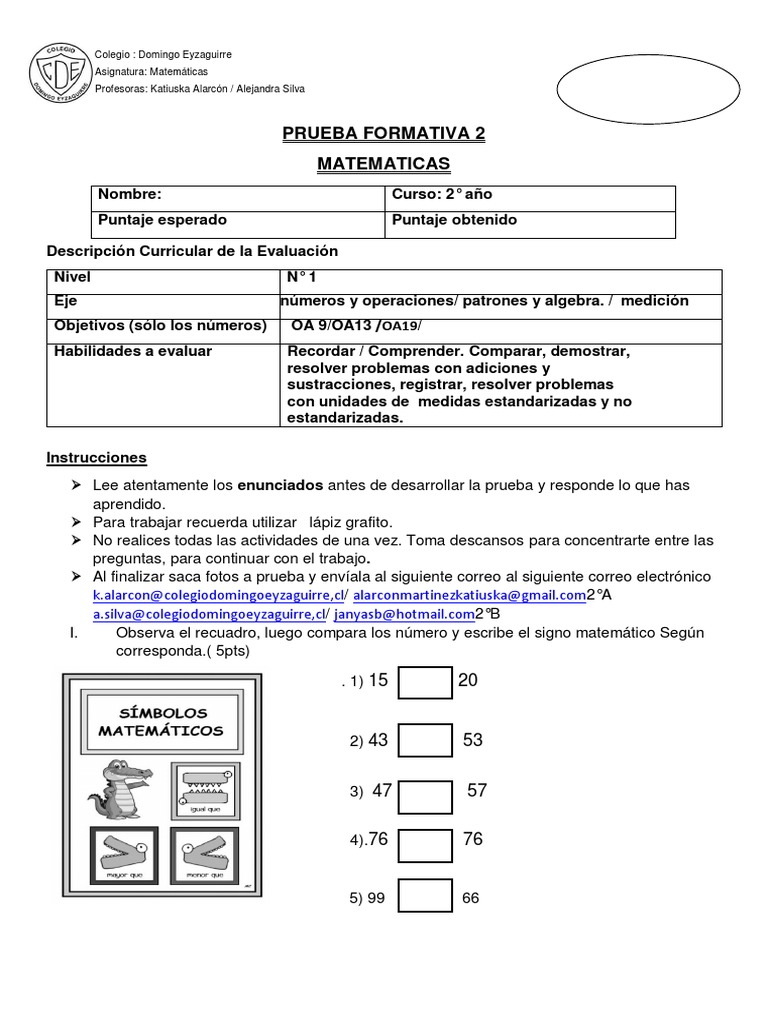 Prueba Formativa 2 Matemática 2° Básico | PDF | Matemáticas
