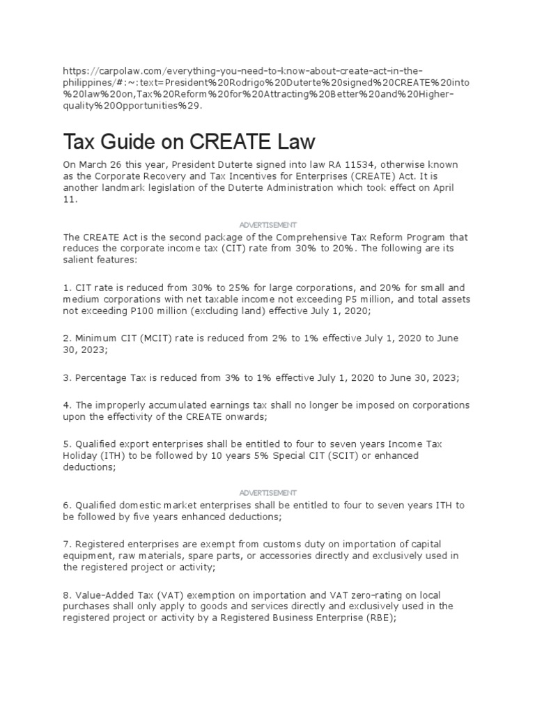 Research On CREATE Law | PDF | Taxes | Value Added Tax