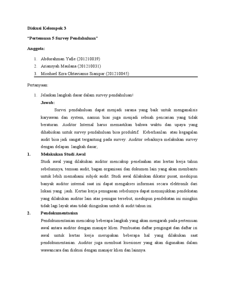 Diskusi Kelompok 3 - Survey Pendahuluan - Internal Audit | PDF