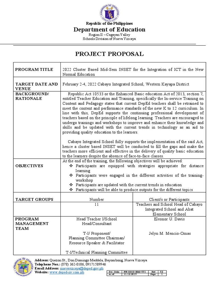 Department of Education: Program Title Target Date and Venue Background ...
