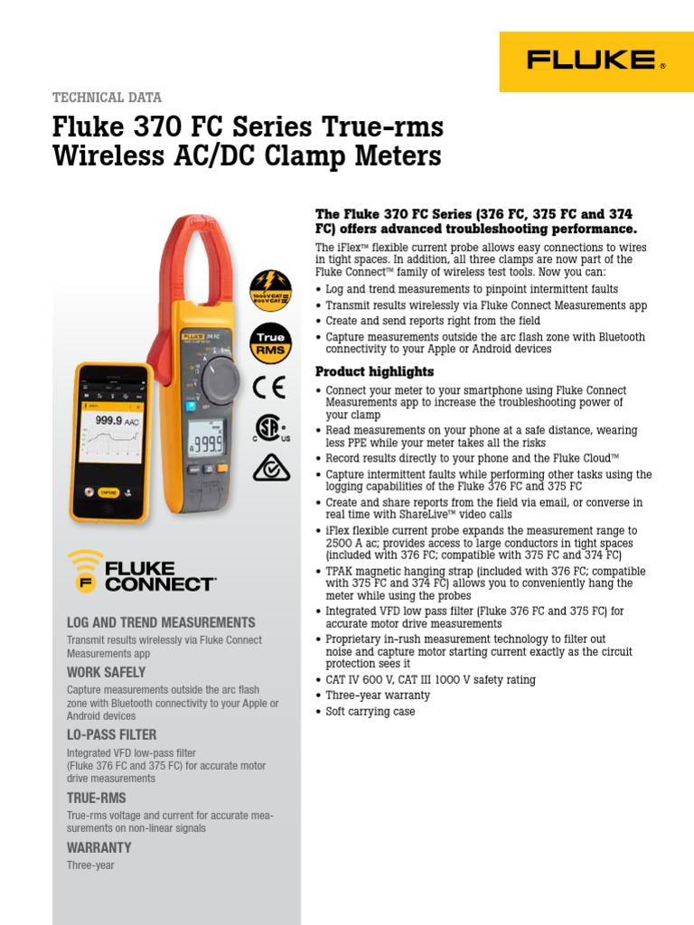 Fluke 370 FC Series True-Rms Wireless AC/DC Clamp Meters: Technical ...