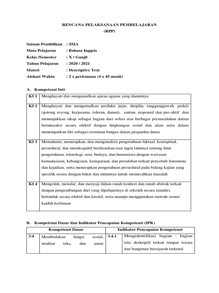 RPP Descriptive Text untuk SMA Kelas X | PDF