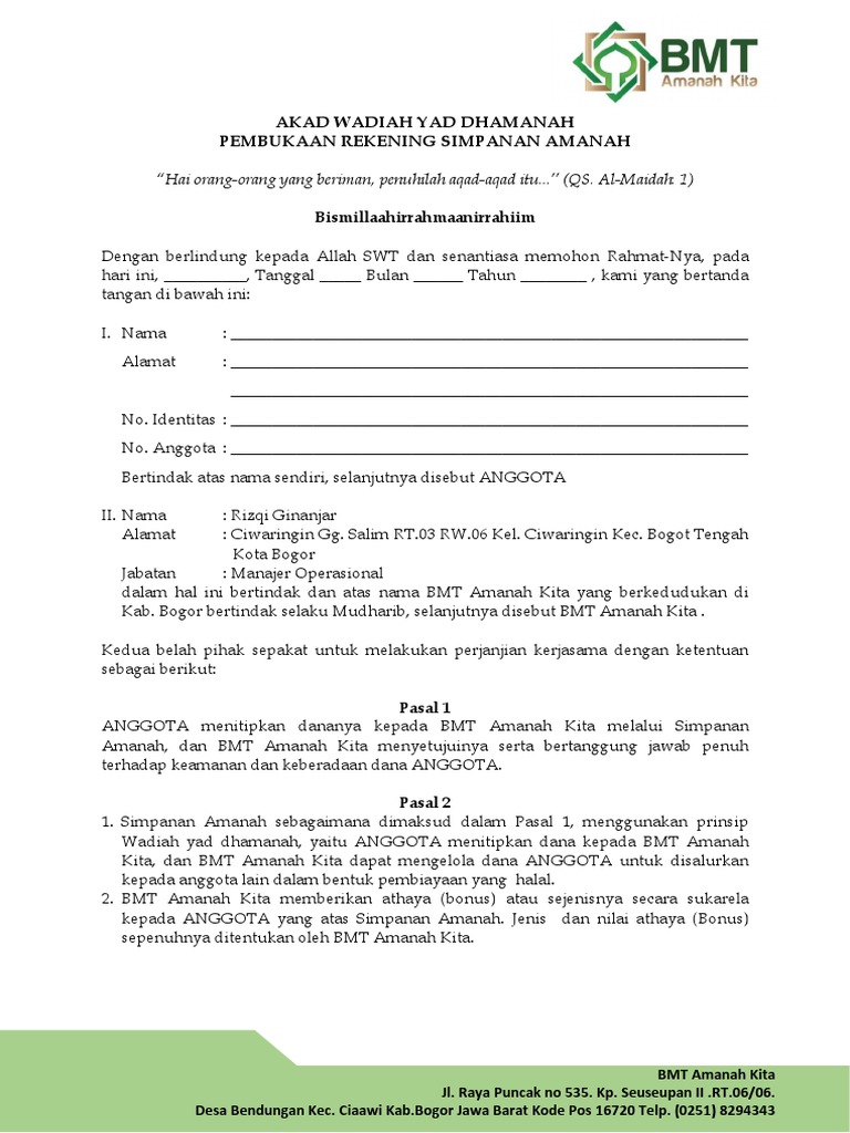 Akad Simpanan Amanah (Wadiah) BMT Amanah Kita | PDF