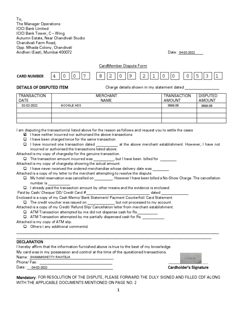 ICICI Bank Card Dispute Form | PDF | Credit Card | Identity Document
