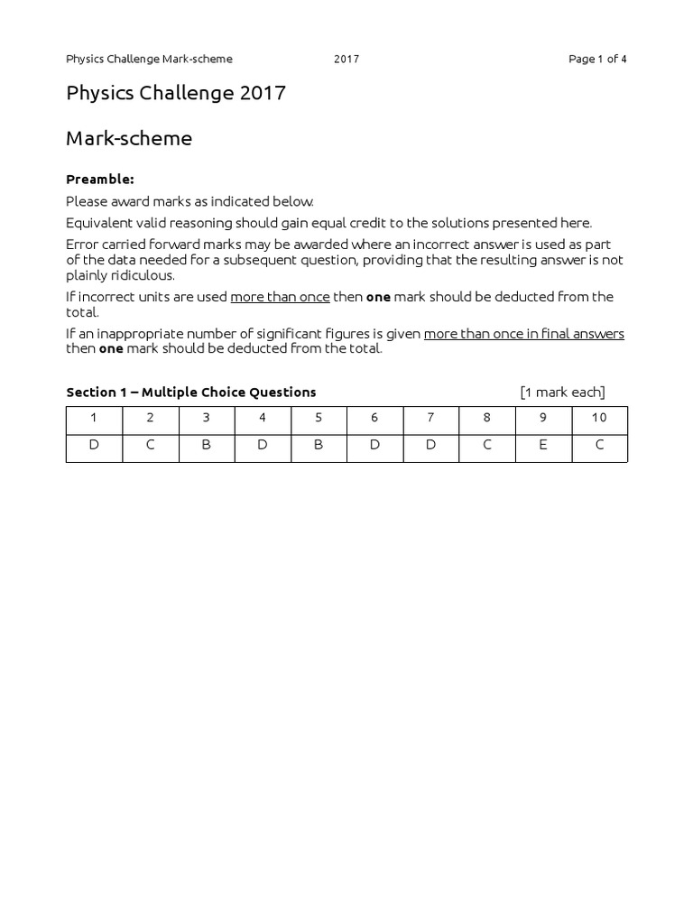 2017 Physics Challenge Mark-scheme | PDF | Force | Tension (Physics)