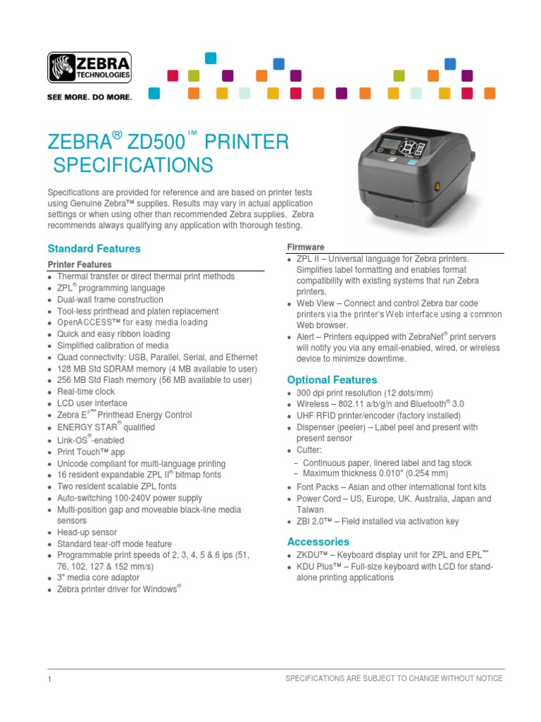 Zebra ZD500 Printer Specifications: Standard Features | PDF | Printer ...