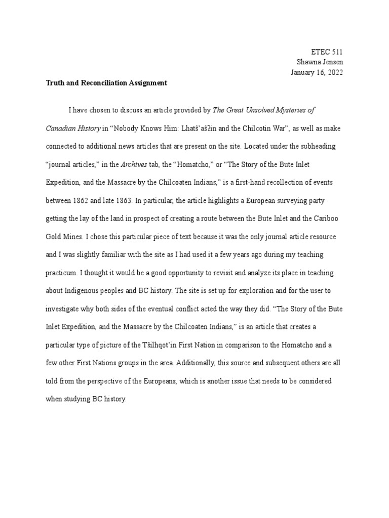 Etec 511 - Truth and Reconciliation Assignment | PDF | Primary Sources | Cognition