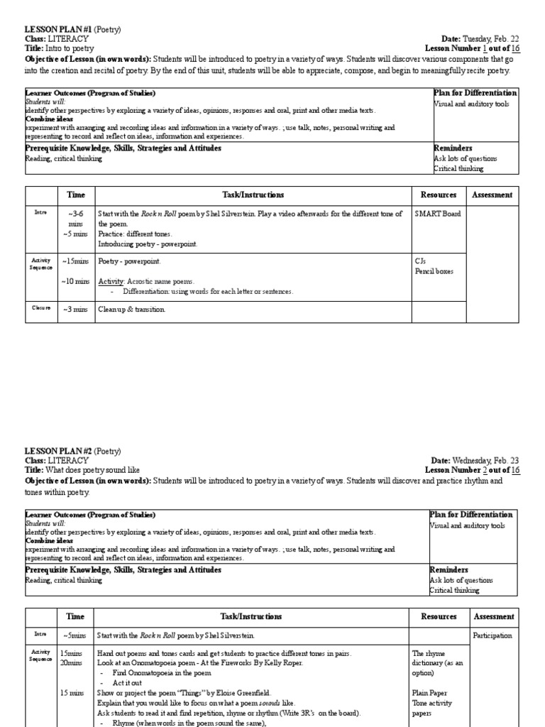 Poetry Lesson Plans | PDF | Poetry | Lesson Plan