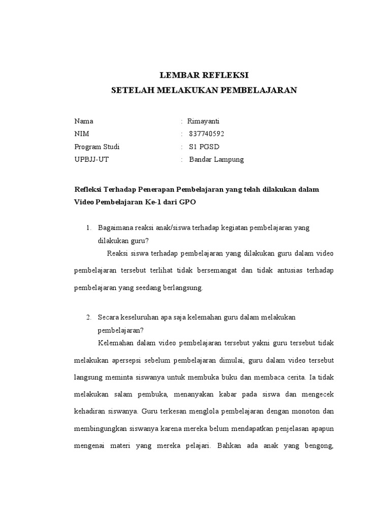 Lembar Refleksi RPP Ke-1 Dari Video Ke-1 Gpo PKM | PDF