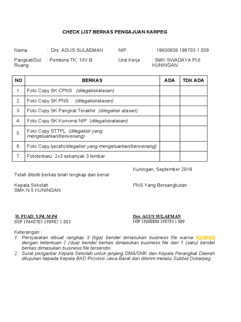 Chek List Berkas Pengajuan Karpeg | PDF
