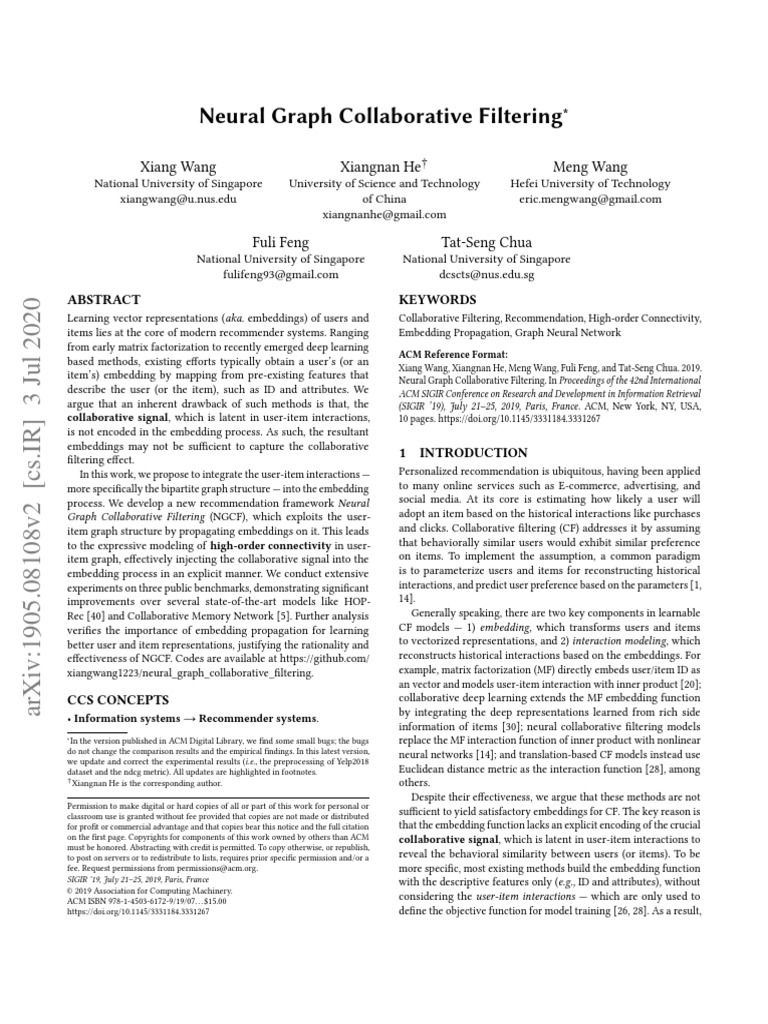 Neural Graph Collaborative Filtering | PDF | Deep Learning | Matrix ...