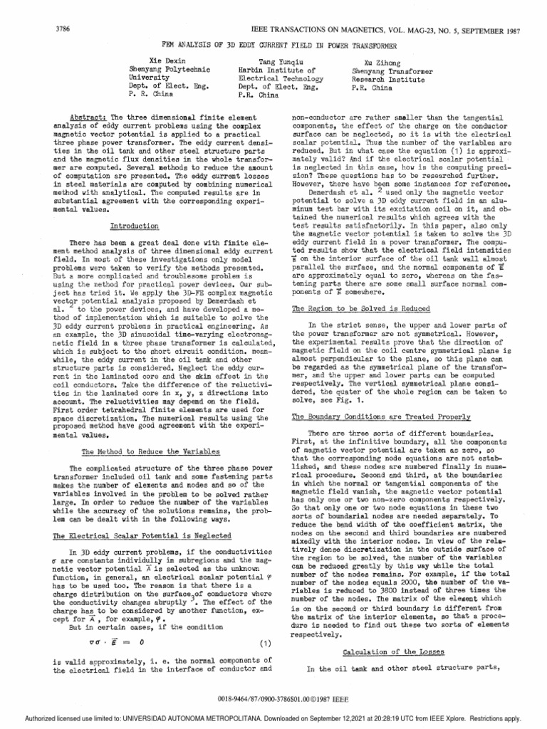 FEM Analysis of 3D Eddy Current Field in Power Transformer | PDF ...