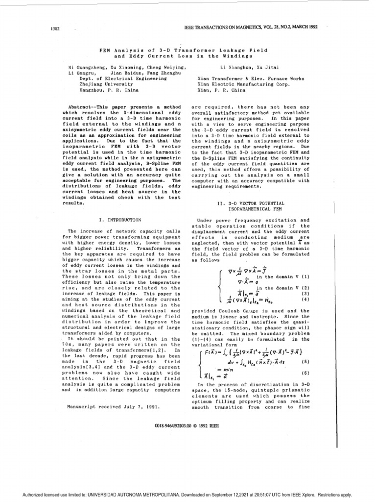 3D FEM Analysis of Transformer Eddy Currents | PDF | Matrix ...