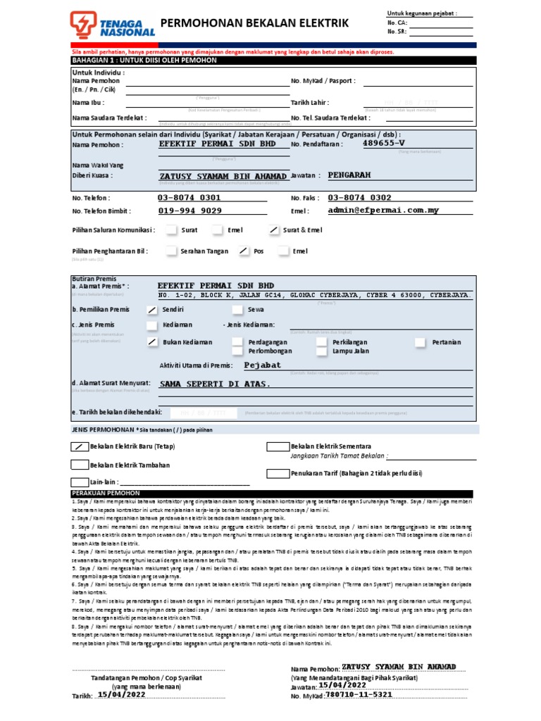 Borang Permohonan Bekalan Elektrik 2021 | PDF