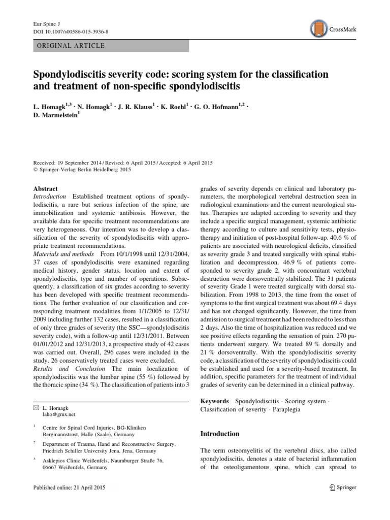 Spondylodiscitis Severity Code: Scoring System For The Classification ...