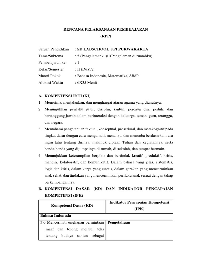 Contoh RPP SD Kelas 2. | PDF | Karier & Perkembangan | Seni & Disiplin ...