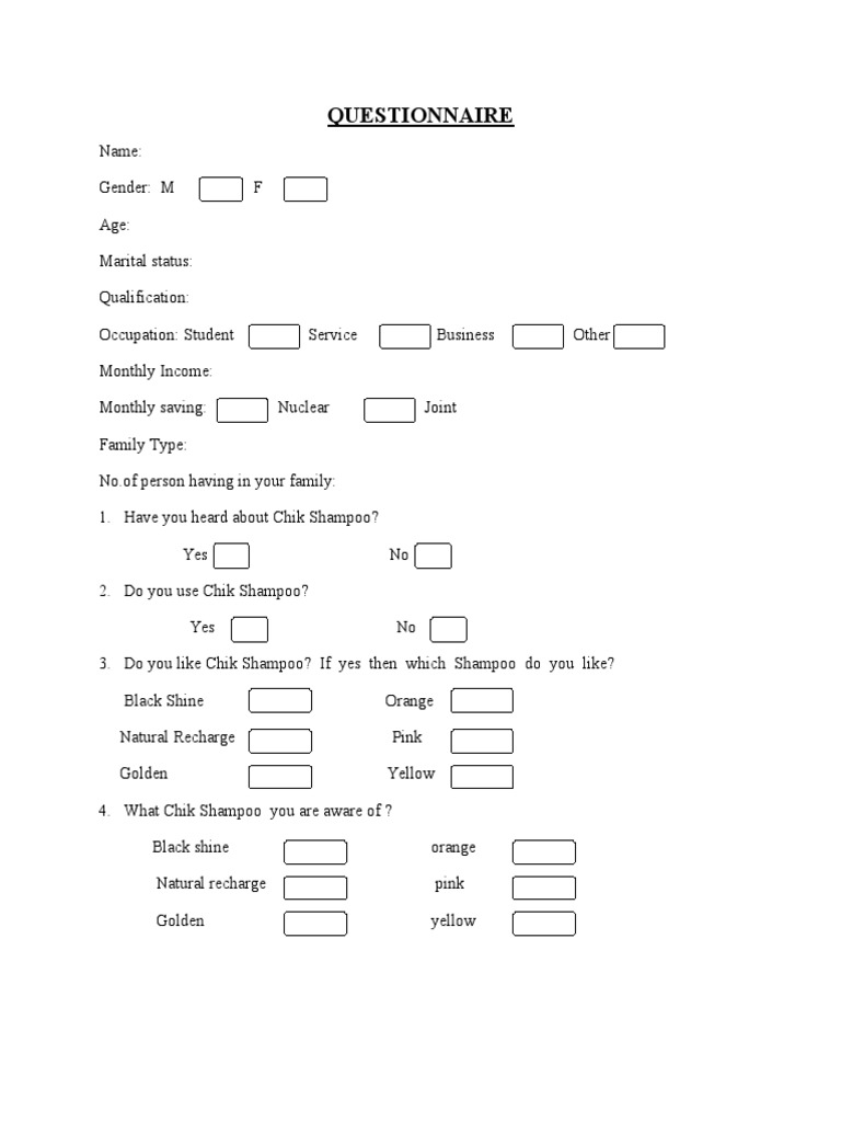 QUESTIONNAIRES-shampooes Chick | PDF | Shampoo | Brand