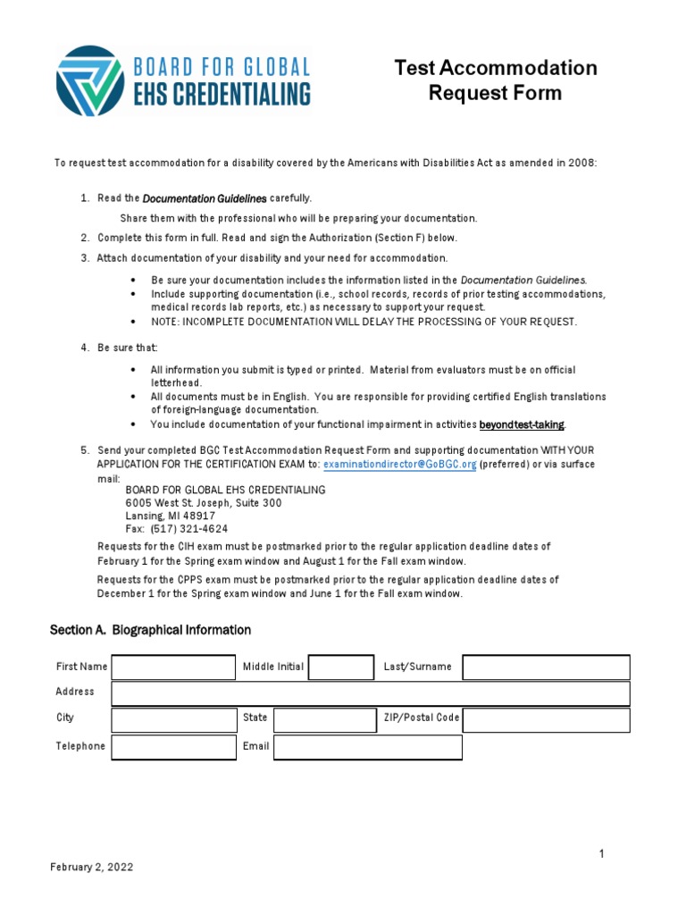 Test Accommodation Request Form | PDF | Disability
