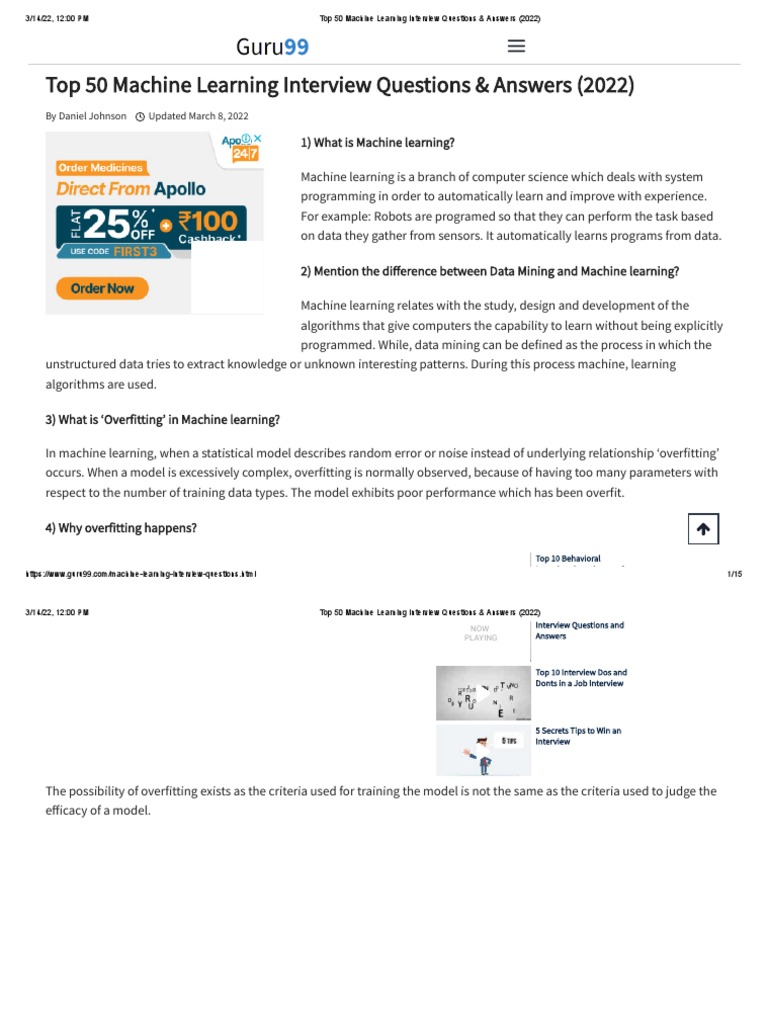 Top 50 Machine Learning Interview Questions & Answers (2022) | PDF ...