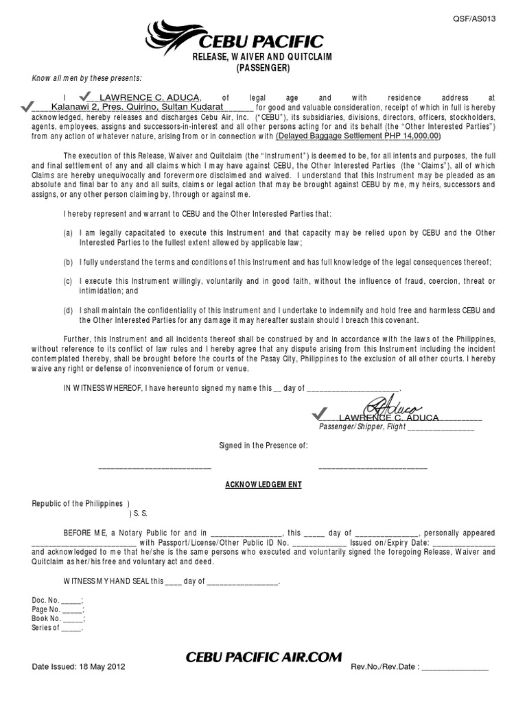 Lawrence C. Aduca Kalanawi 2, Pres. Quirino, Sultan Kudarat: Release, Waiver and Quitclaim ...