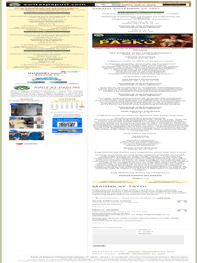 Sabado, Disyembre 25, 2021 - Tagalog Mass Readings - Awit at Papuri | PDF