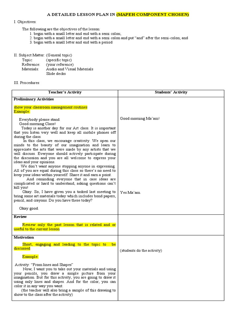 A Detailed Lesson Plan in (Mapeh Component Chosen) : Teacher's Activity ...
