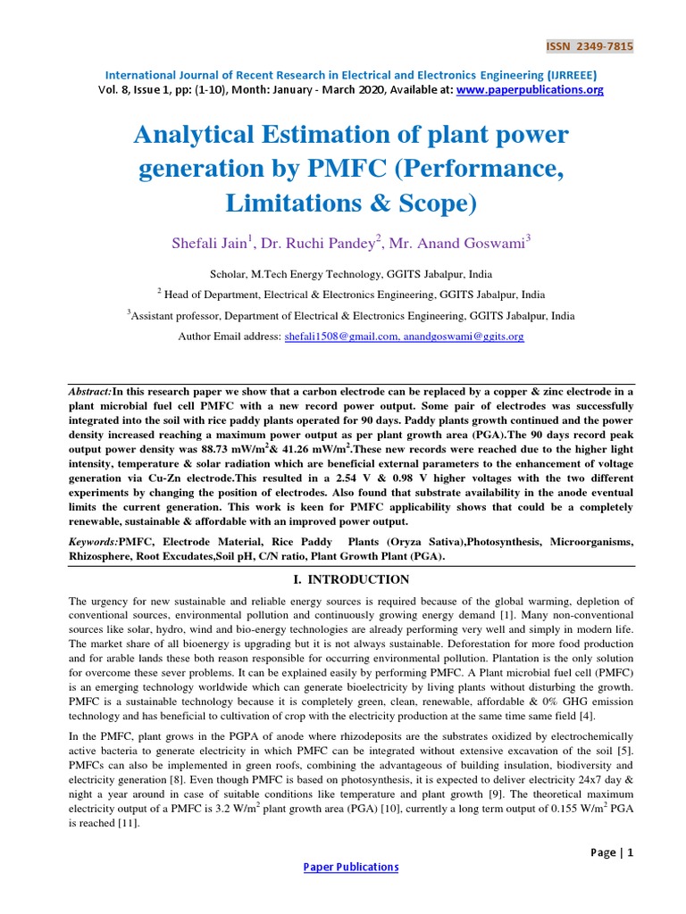 Analytical Estimation of Plant Power Generation by PMFC (Performance ...