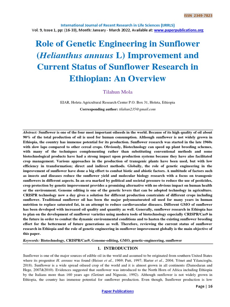 Role of Genetic Engineering in Sunflower (Helianthus Annuus L ...