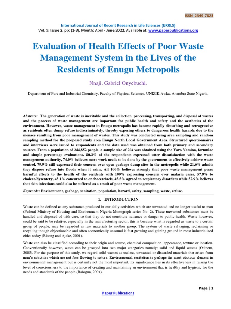 Evaluation of Health Effects of Poor Waste Management System in The ...