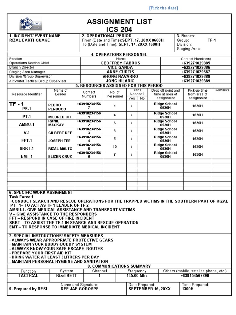 Assignment List Ics 204 Download Free Pdf Safety 