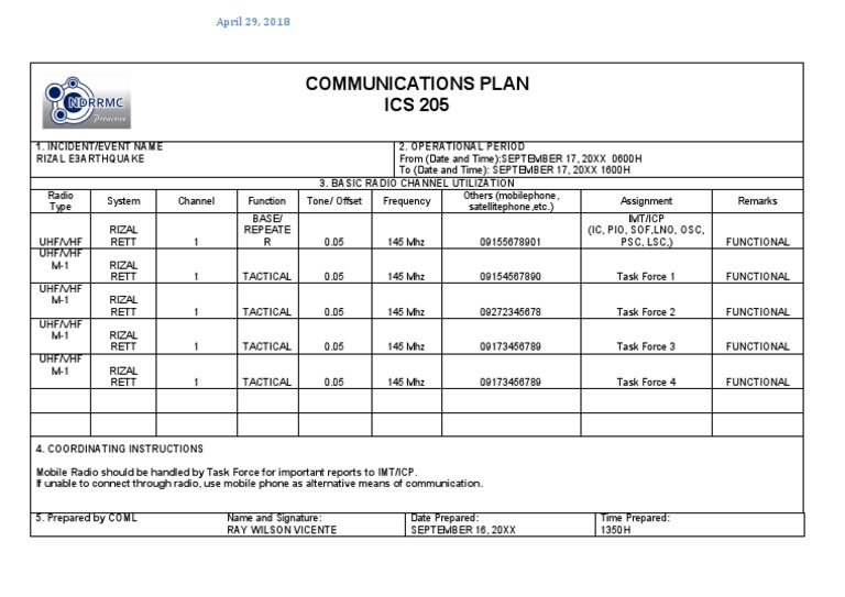 Communications Plan ICS 205 | PDF | Ultra High Frequency | Very High ...