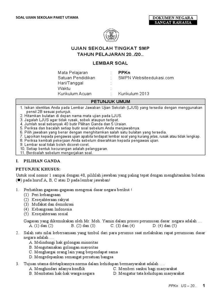 Soal US PPKN K13 | PDF