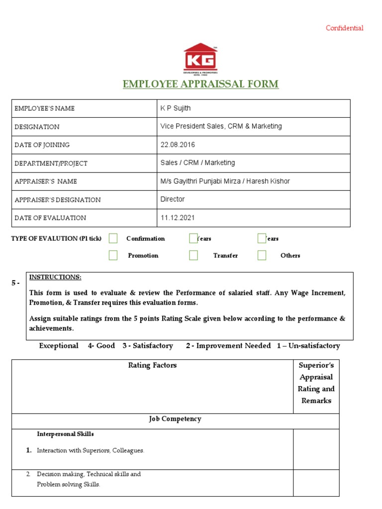 Employee Appraissal Form - Sales | PDF | Performance Appraisal | Cognition
