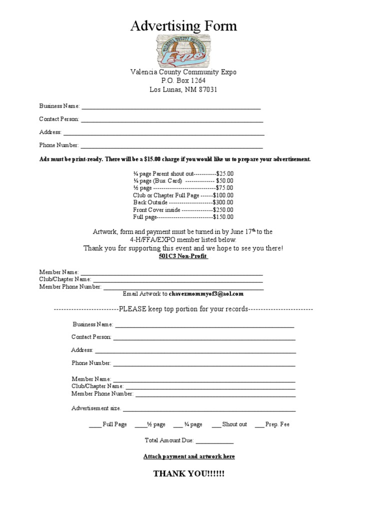 Valencia County Expo Advertising Form | PDF | Service Industries | Business