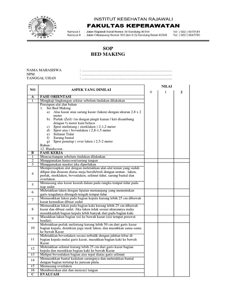 Prosedur Standar Bed Making | PDF